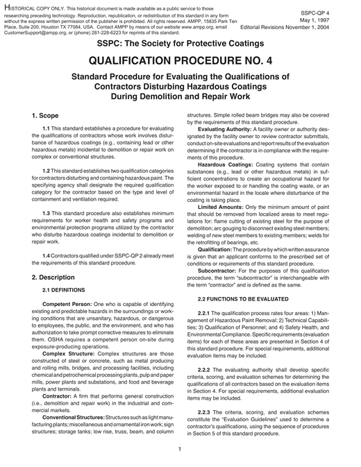 Standard Procedure for Evaluating the Qualifications of Contractors Disturbing Hazardous ...
